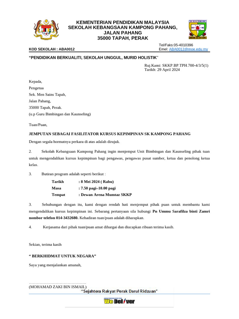 Surat Jemputan Progrm Kursus Kepimpinan SKKP | PDF