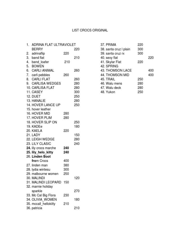 Complete List of Crocs Models | PDF
