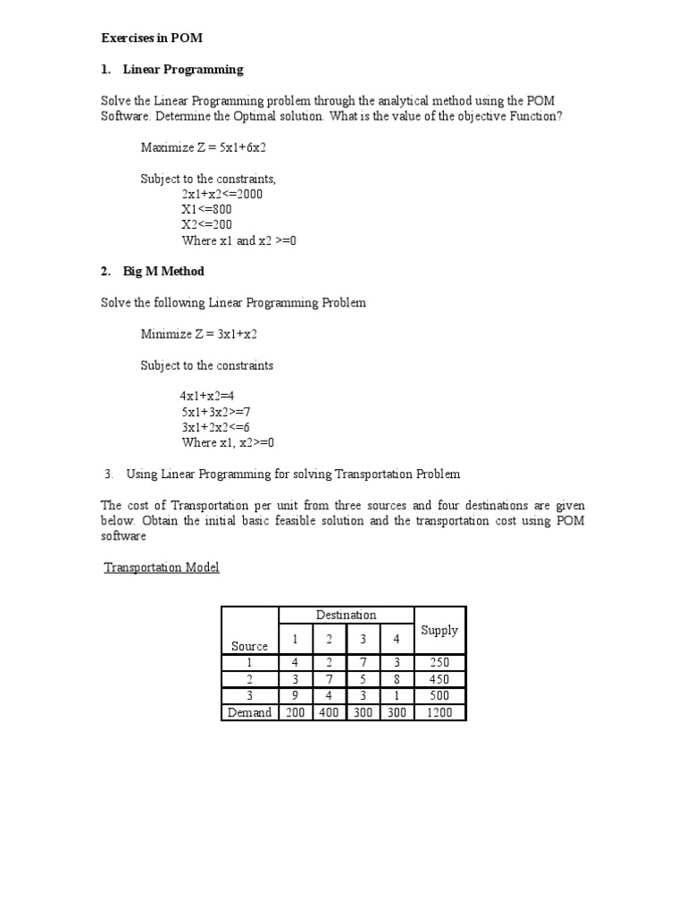 POM Exercises: Linear Programming Methods | PDF