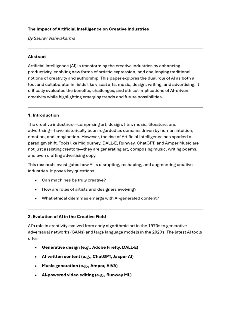 The Impact of Artificial Intelligence On Creative Industries | PDF ...
