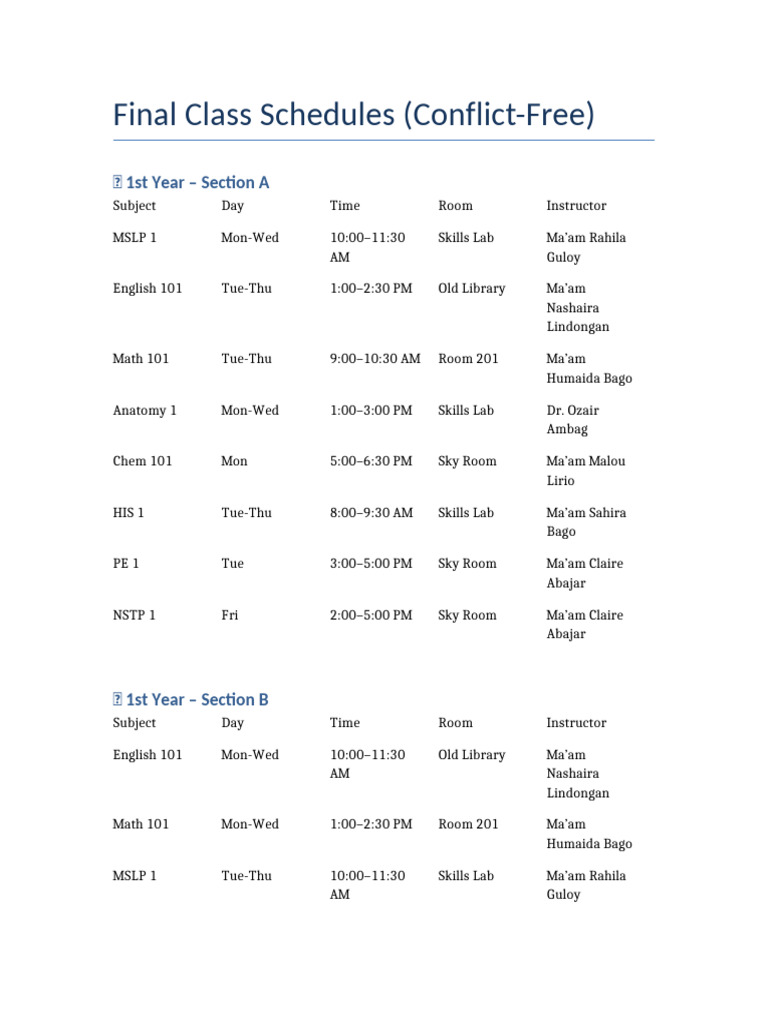 Final Class Schedules | PDF