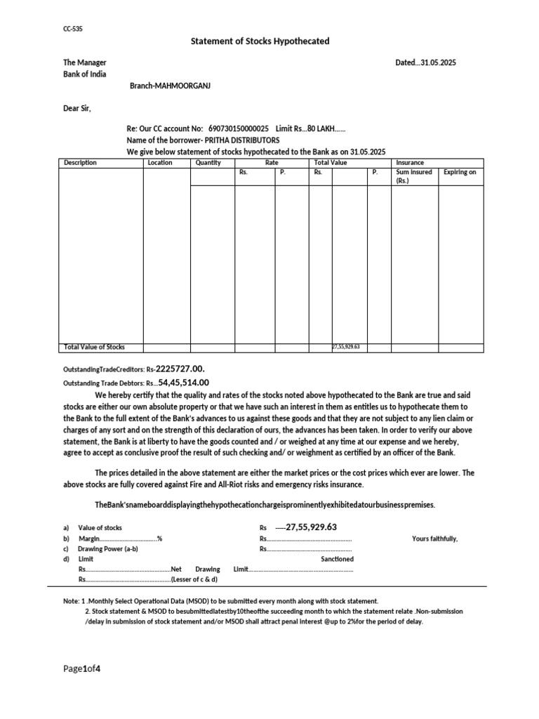 Stock and Book Debt Statement 2025 | PDF | Banks | Debt