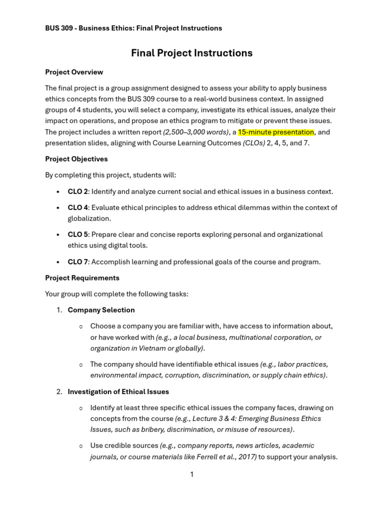 BUS 309 Ethics Project Guidelines | PDF | Employment | Business Ethics