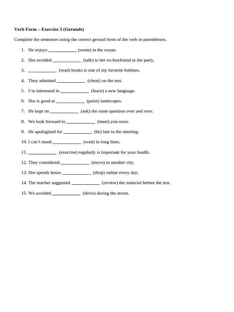 Verb Form - Exercise 3 (Gerunds) | PDF