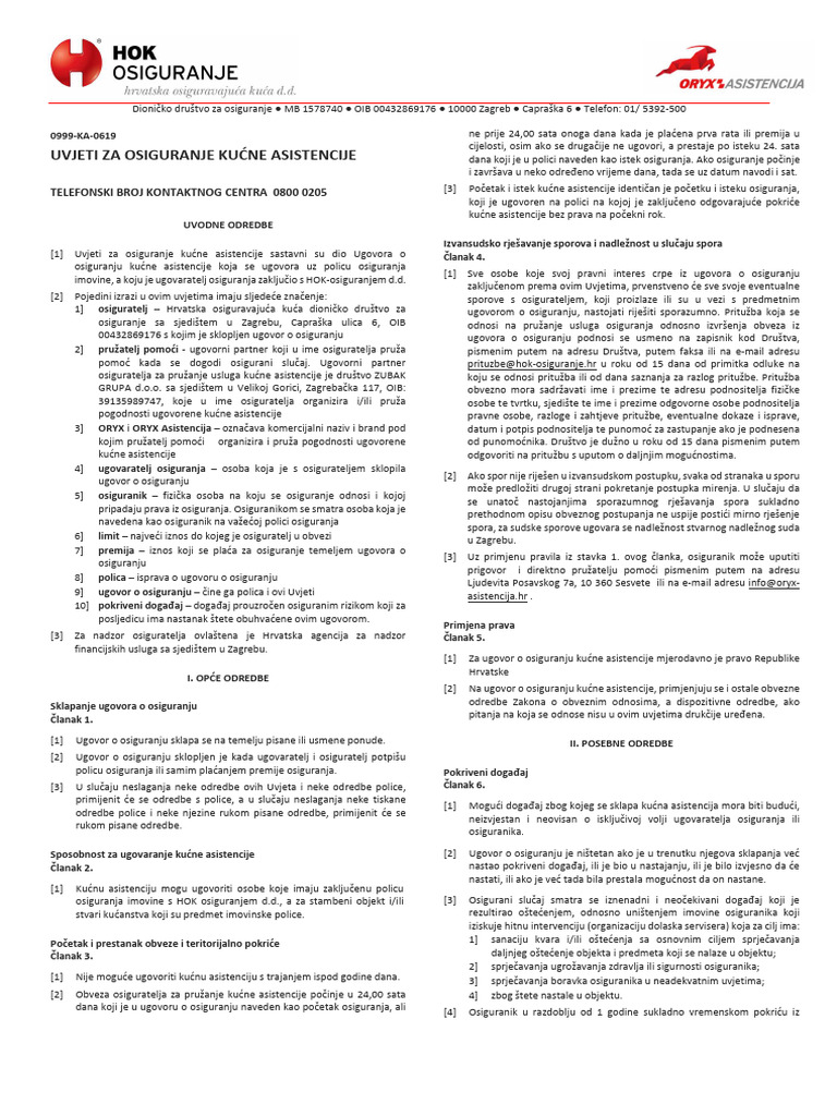 09 0999-KA-0619 Uvjeti Za Osiguranje Kućne Asistencije | PDF