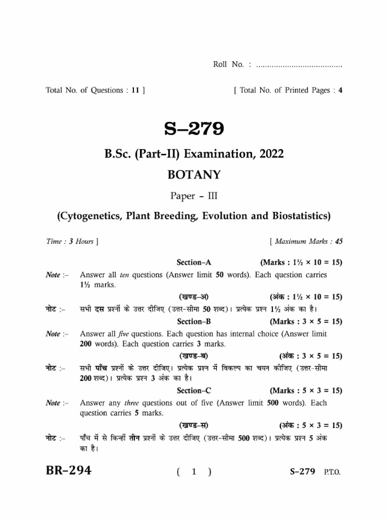 BSC Part 2 Botany p3 Cytogenetics Plant Breeding Evolution and Biostatistics S 279 2022 | PDF