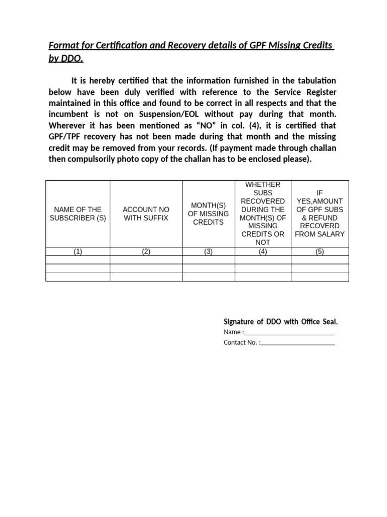 GPF Missing Credit Form | PDF