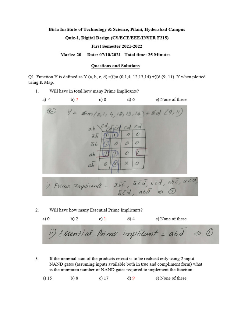 Digital Design Quiz Solutions 2021 | PDF | Arithmetic | Mathematical Logic