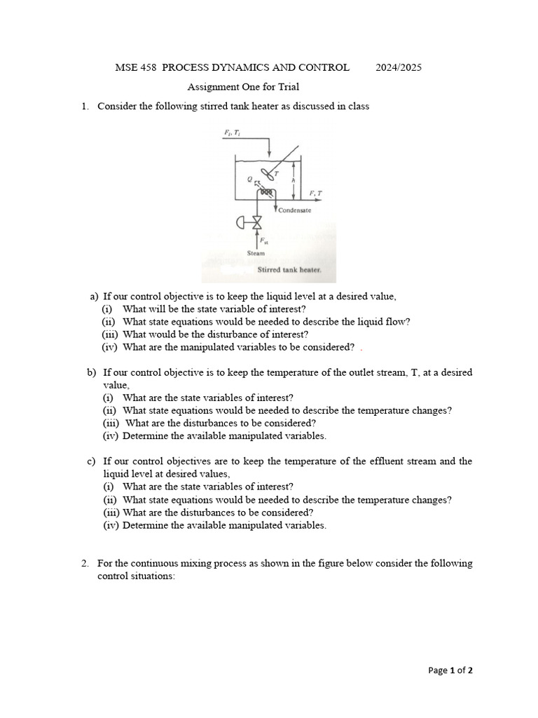 Process Dynamics and Control Assignment | PDF | Equations | Variable ...