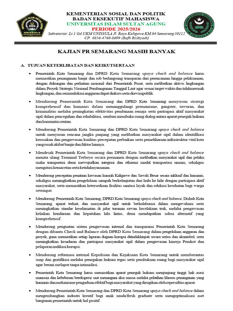 Kajian PR Semarang Masih Banyak Dan Pakta Integritas BEM Bersama Walikota | PDF