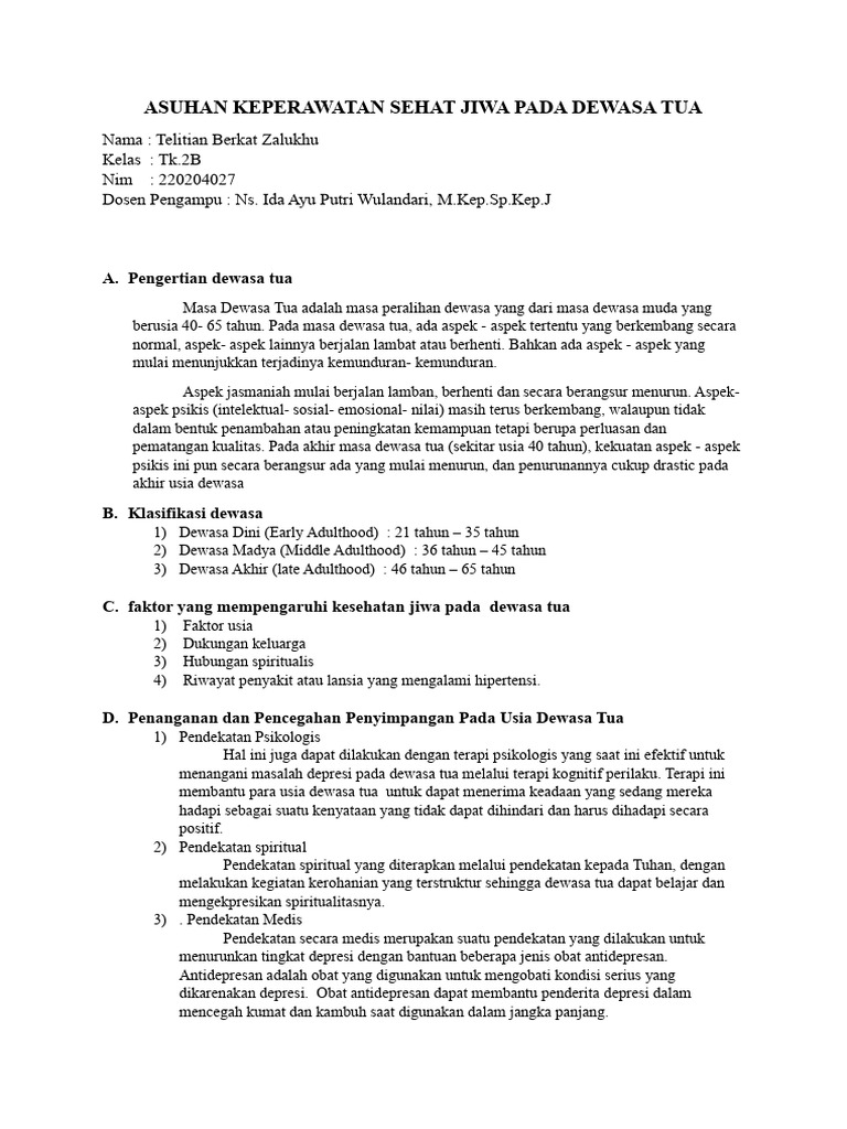 Asuhan Keperawatan Sehat Jiwa Pada Dewasa Tua | PDF