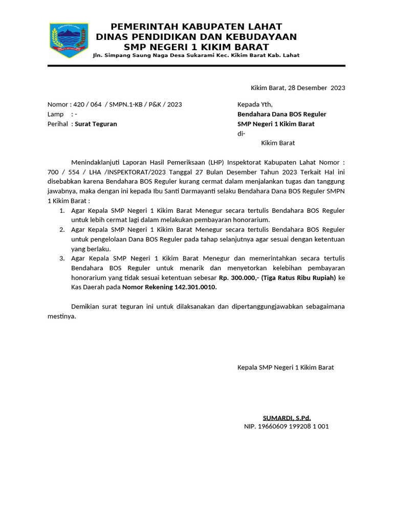 Surat Teguran Bendahara BOS SMPN 1 KB | PDF