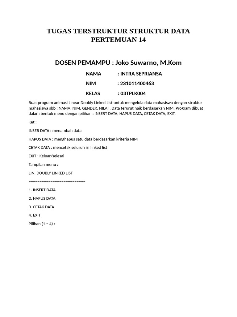 Tugas Terstruktur Struktur Data Pertemuan 14 - Intra Sepriansa | PDF