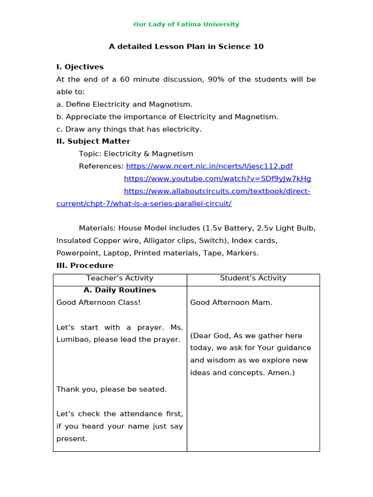 Science 10 Lesson Plan: Electricity & Magnetism | PDF