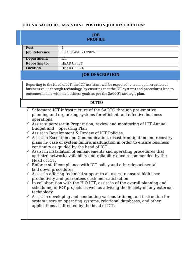 Job Description Ict Assistant | PDF | Information And Communications ...