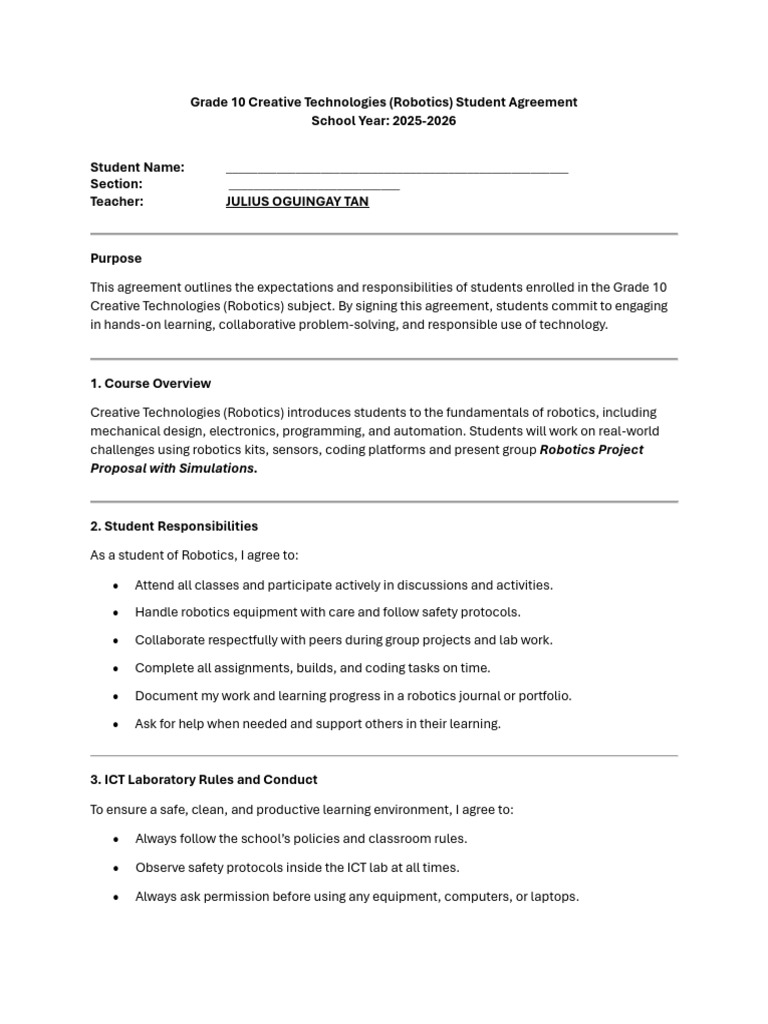 Grade 10 Creative Technologies Robotics Student Agreement | PDF ...