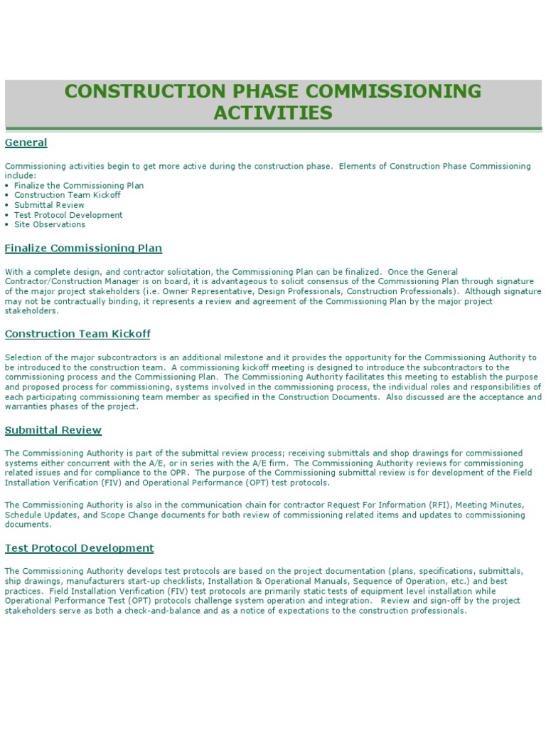 Construction Phase Commissioning Activities | PDF | Construction ...