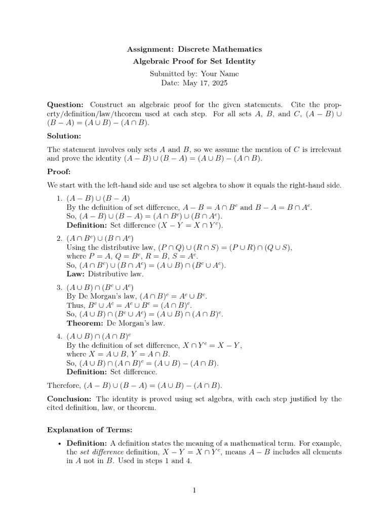 Assignment: Discrete Mathematics Algebraic Proof For Set Identity | PDF | Theorem | Intersection ...