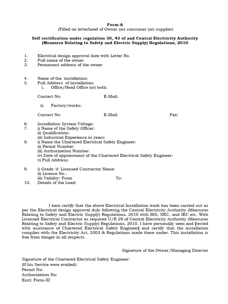 Self Certification (Form - A) - AVVNL - COMPULSORY | PDF