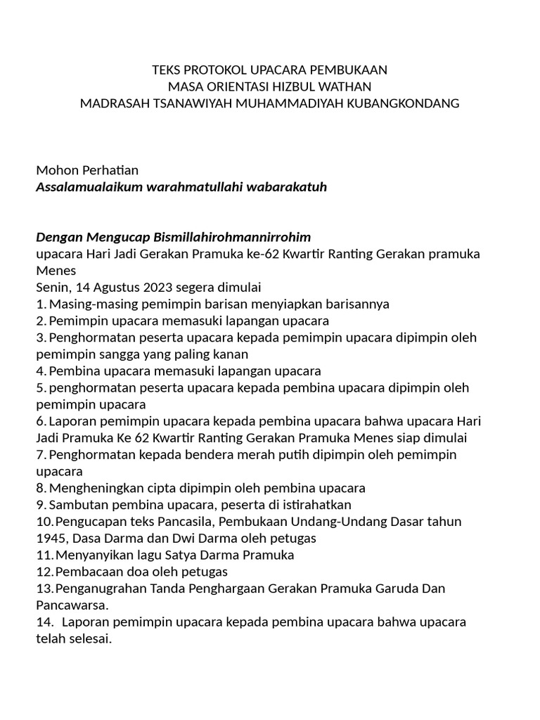 TEKS PROTOKOL UPACARA HUT PRAMUKA KE 62 Kwarran | PDF
