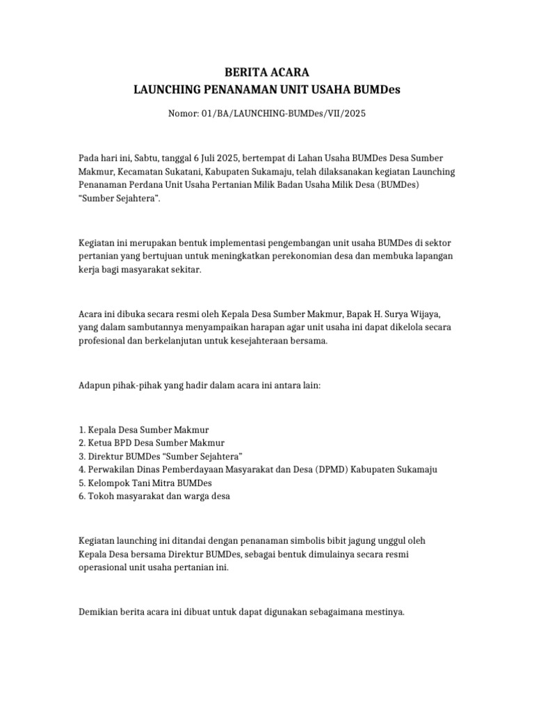Berita Acara Launching Unit Usaha BUMDes | PDF