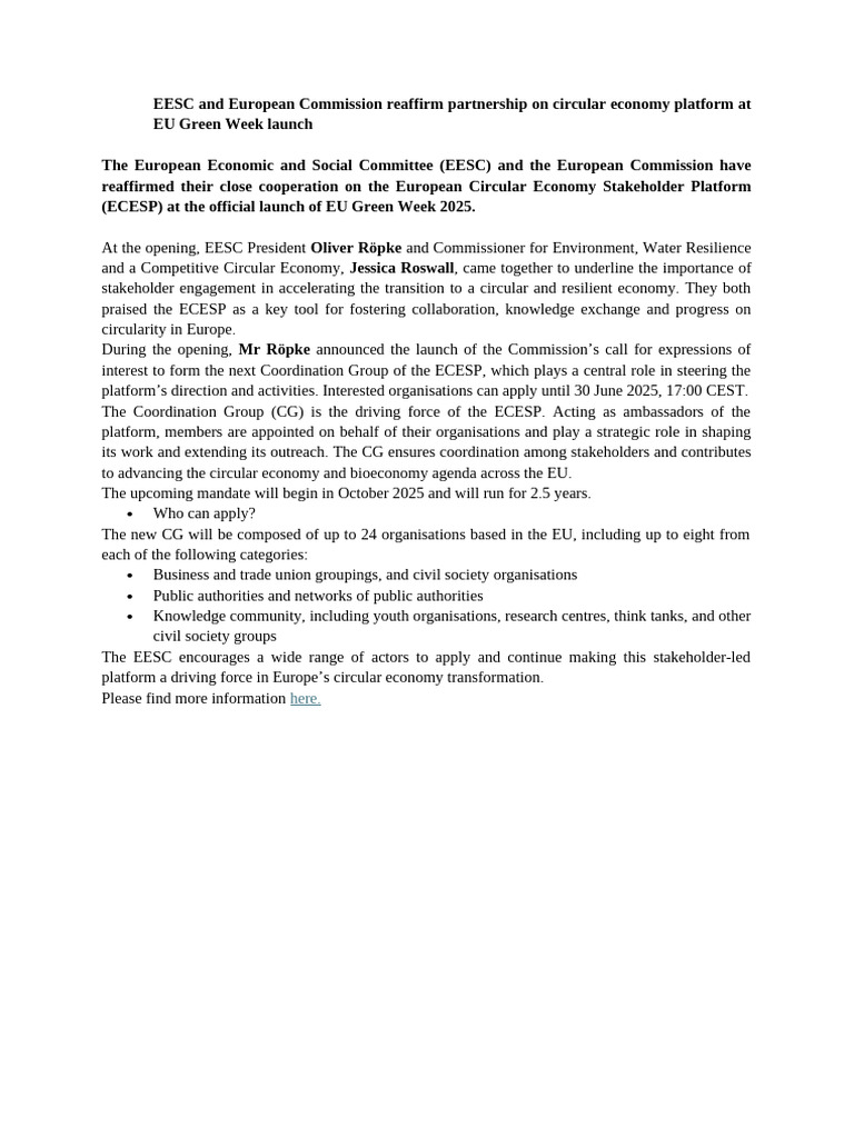 EESC, EU Commission Launch Circular Economy Call | PDF