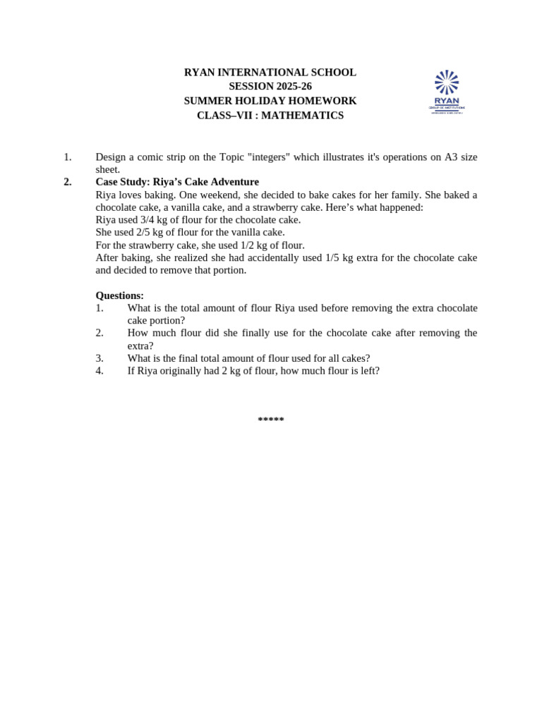 Ryan International School SESSION 2025-26 Summer Holiday Homework Class-Vii: Mathematics | PDF