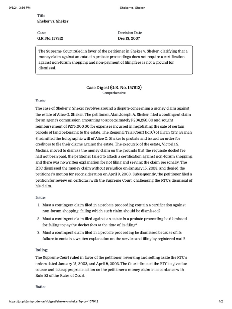 Sheker vs. Sheker-Digest | PDF | Probate | Supreme Court Of The United ...