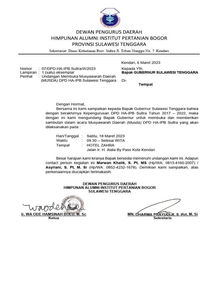 Surat Undangan Musda 2023 To Gubernur Sultra | PDF