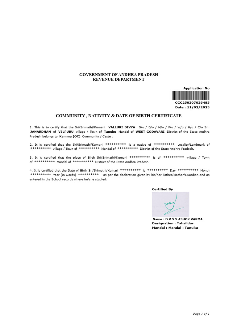 Valluri Community Birth Certificate | PDF