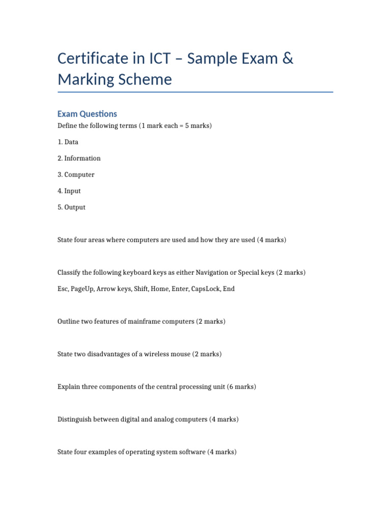 Certificate ICT Exam and Marking Scheme | PDF | Central Processing Unit | Computer Keyboard