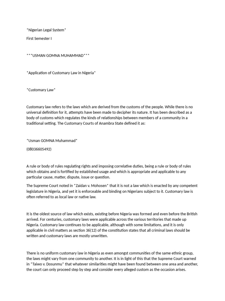 Application of Customary Law in Nigeria | PDF | Judicial Notice ...