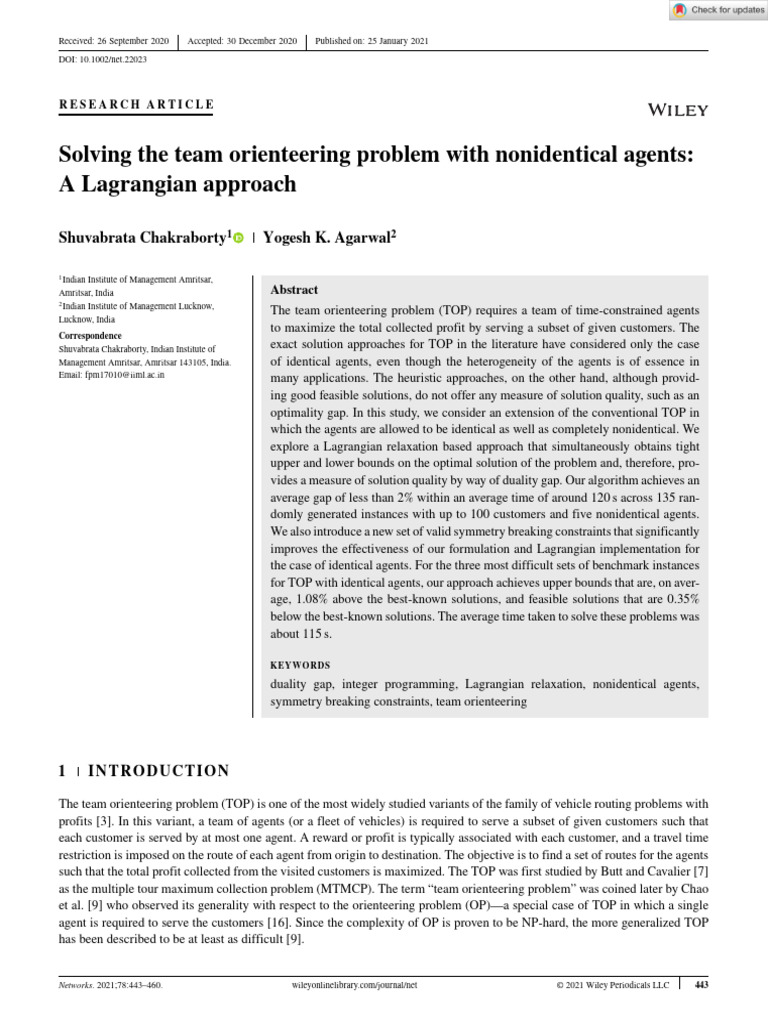 Networks - 2021 - Chakraborty - Solving The Team Orienteering Problem With Nonidentical Agents A ...