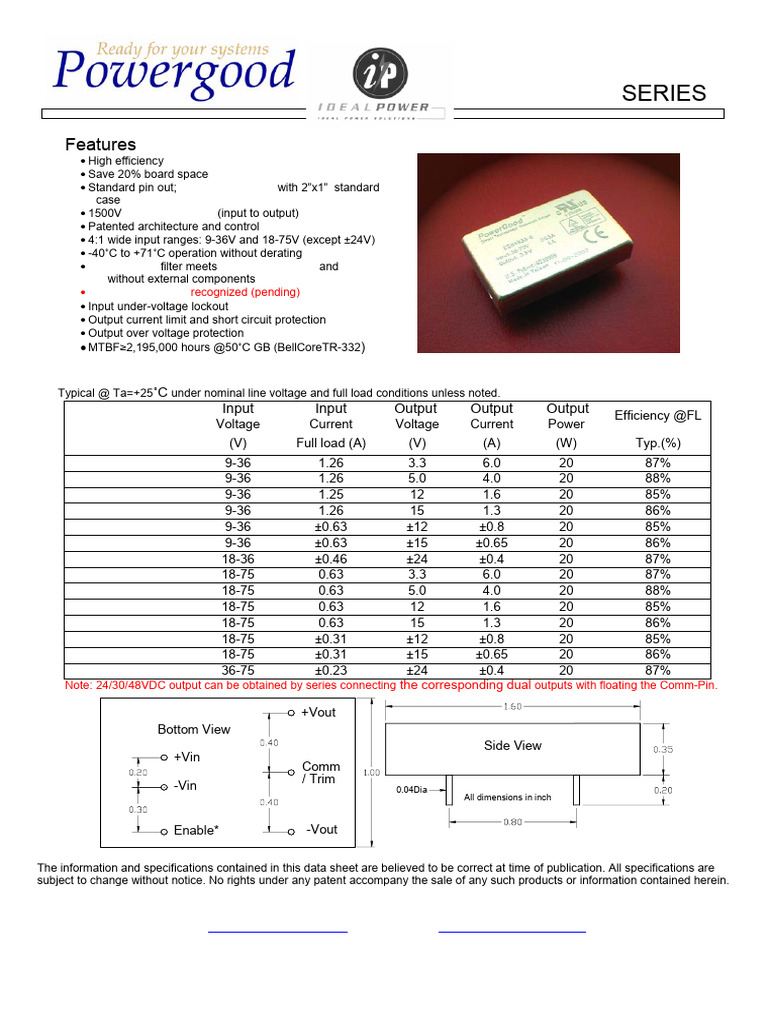 20W DC/DC Converter Series | PDF | Electromagnetism | Telecommunications Engineering