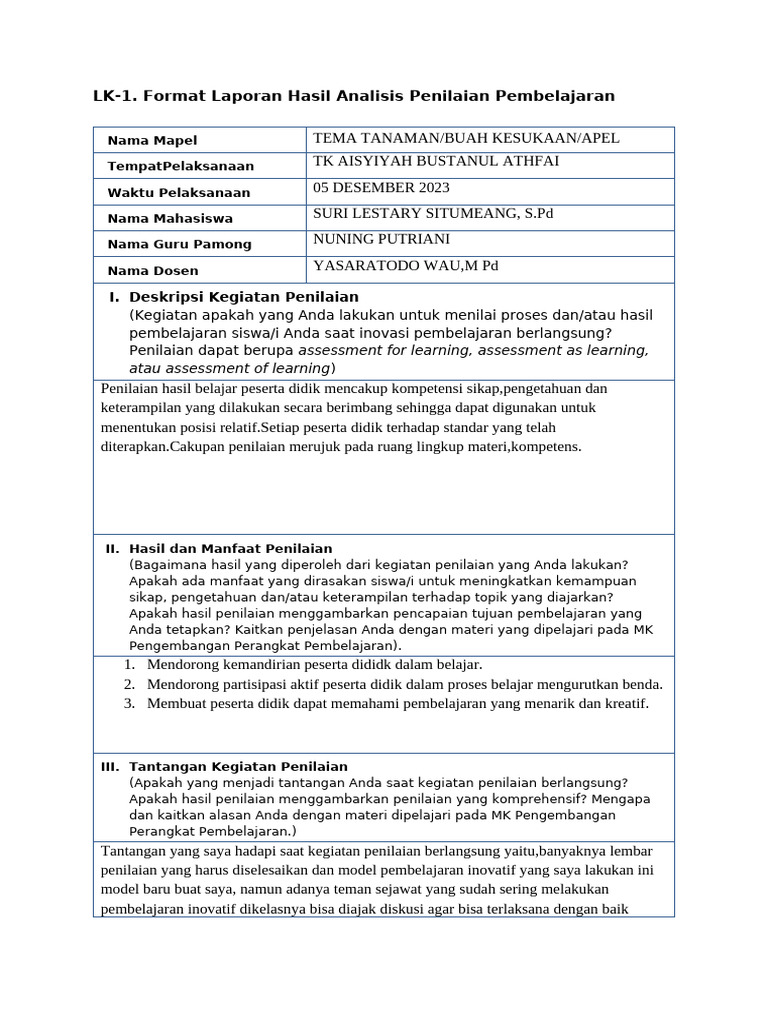 Format Hasil Asesmen Pembelajaran | PDF