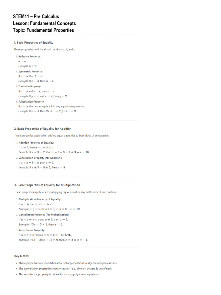 Hand Out For Pre Calculus Fundamental Properties | PDF