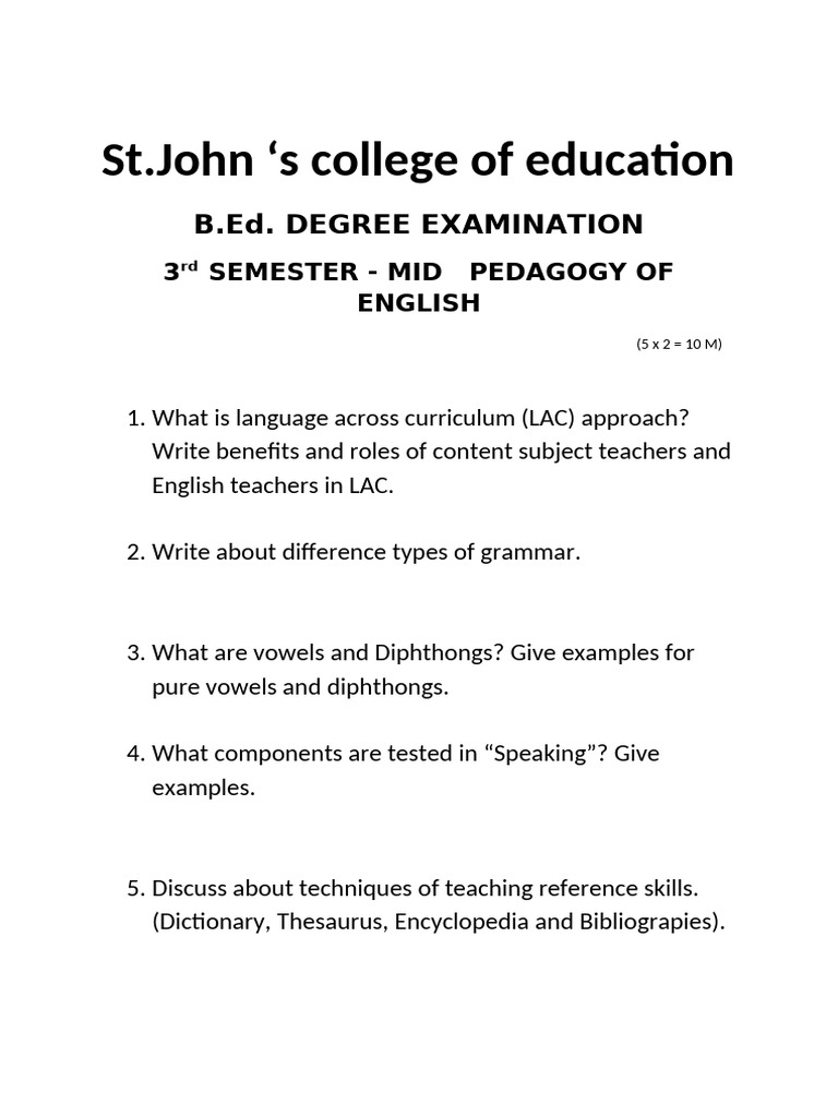 B.Ed. English Pedagogy Exam Guide | PDF