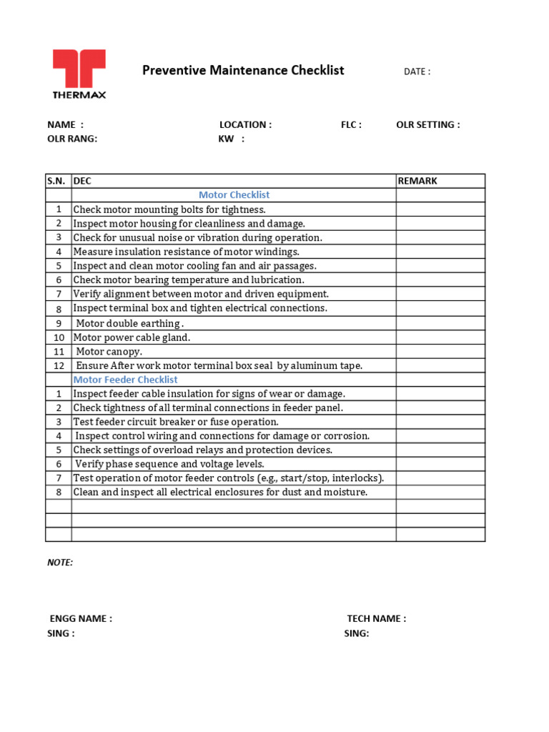 PM Checklist For Motor & Motor Feeder | PDF