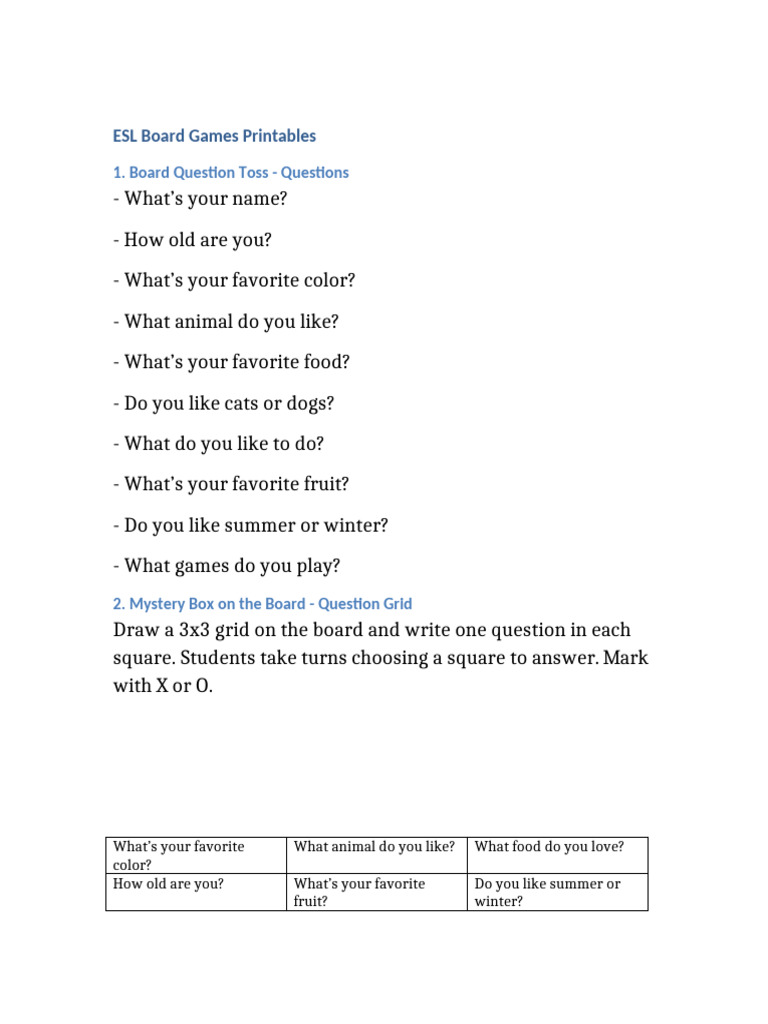 ESL Printable Board Games for Speaking | PDF