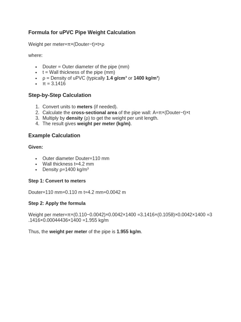Formula For UPVC Pipe Weight Calculation | PDF