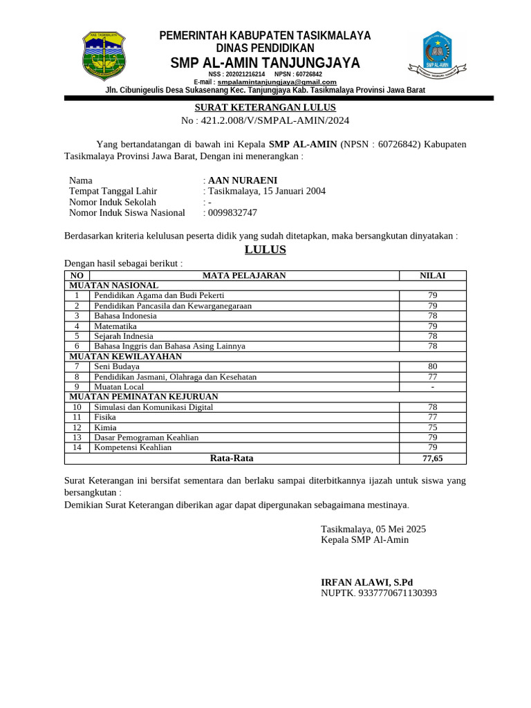 Surat Keterangan Lulus SMP 2024 | PDF