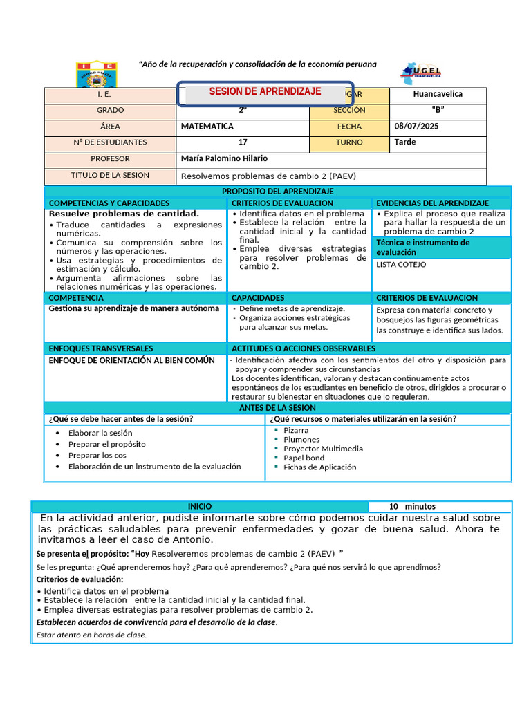 Matematica - Problemas Cambio 2 Paev | PDF | Evaluación | Aprendizaje