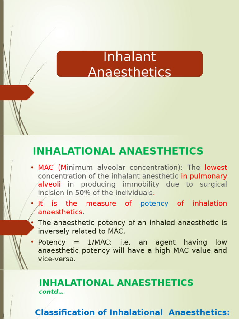 Inhalant Anesthetics Overview | PDF | Anesthesia | Medical Specialties