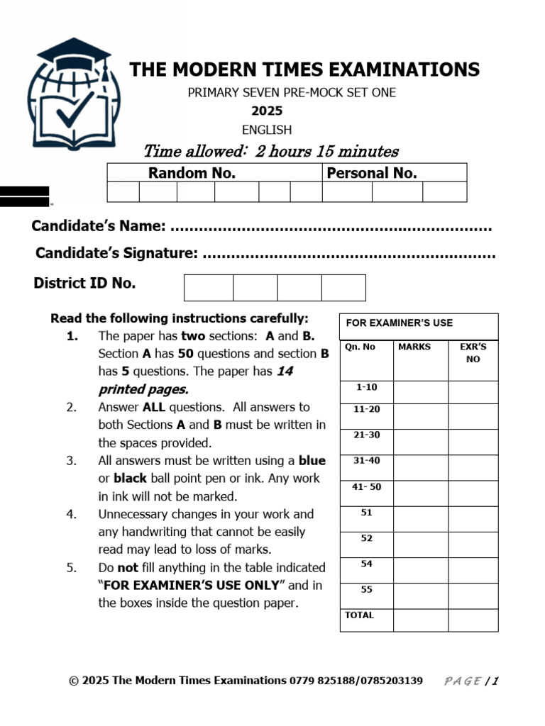 P7 Pre-Mock English Exam 2025 | PDF