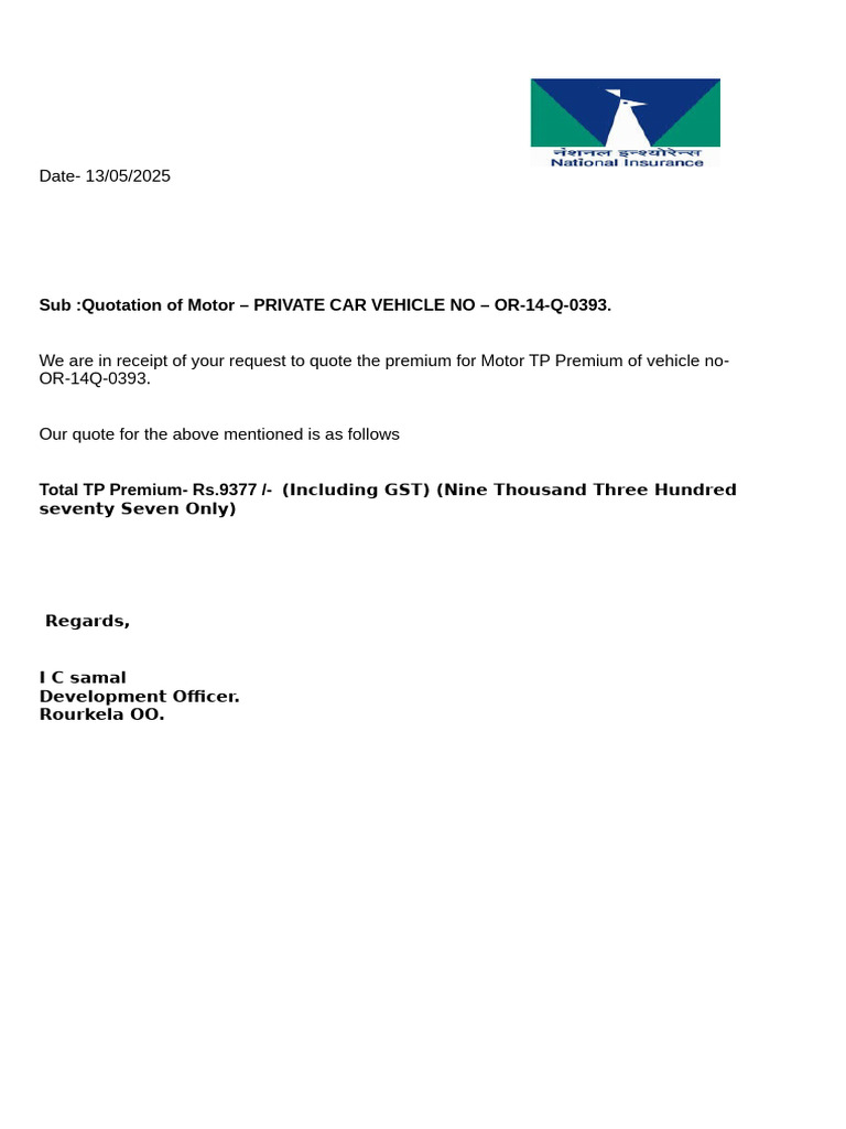 Motor Insurance Quotation for OR-14-Q-0393 | PDF