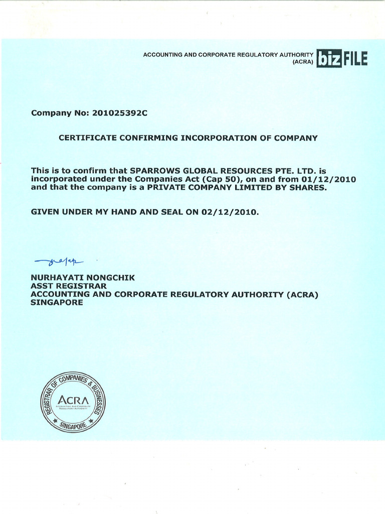 SGR Pte Certificate of Incorporation | PDF