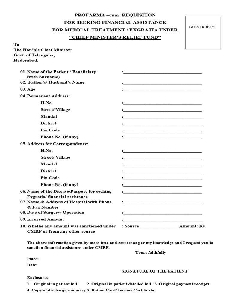CM Relief Fund Application Form TELANGANA | PDF | Health Care