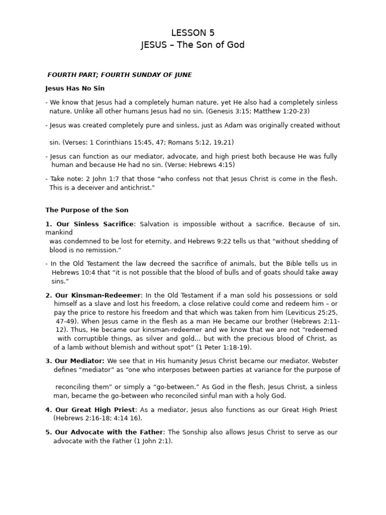 LESSON 5 - Jesus - The Son of God (Notes) | PDF | Jesus | Sacrifice