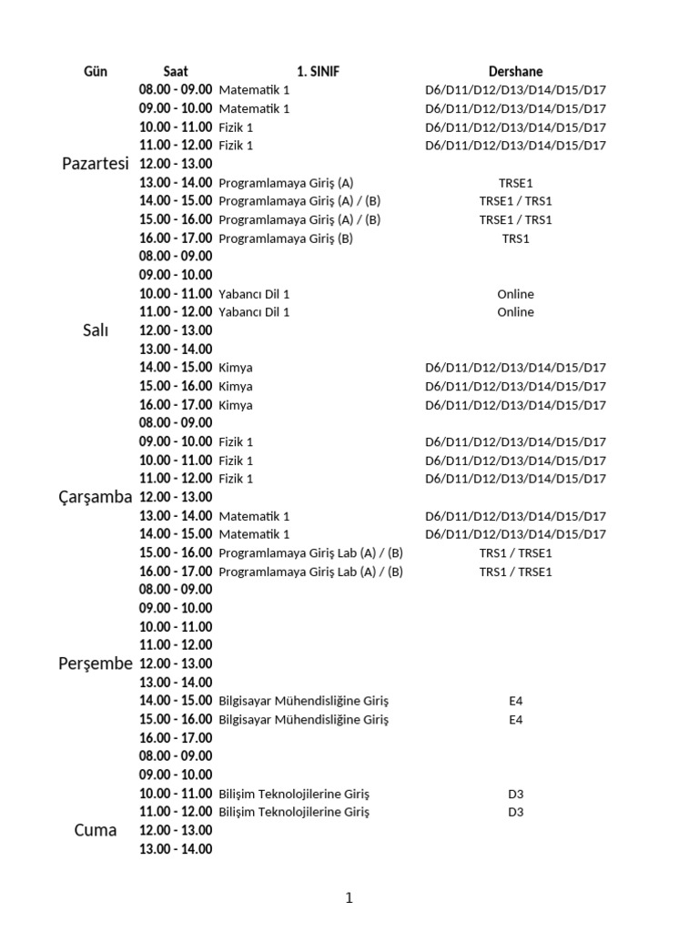 2023 2024 Bilgisayar Muhendisligi Guz Yariyili Ders Programi ...
