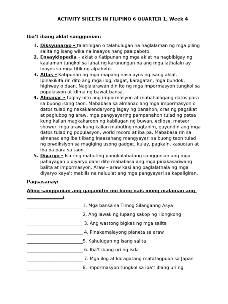 Activity Sheets in Fil 6 Q 1 w4 | PDF